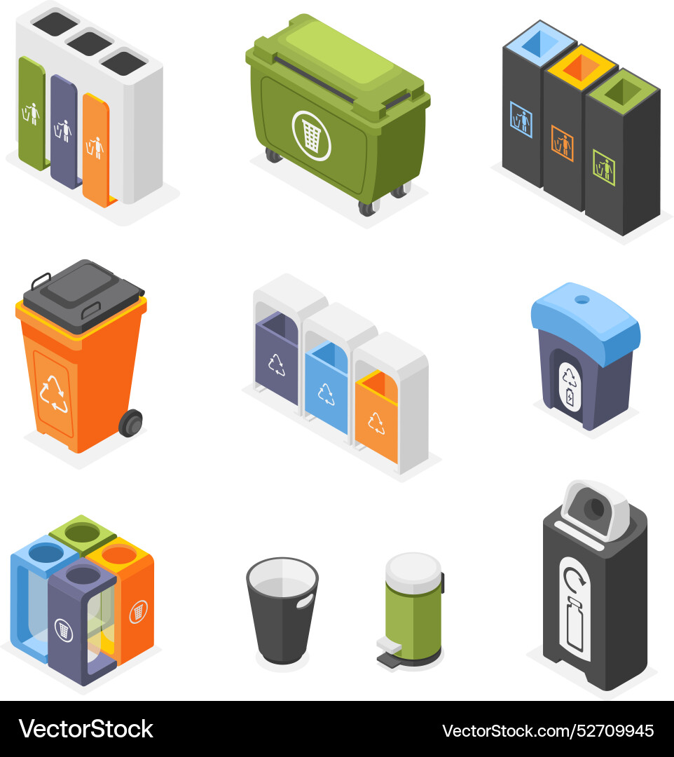 Isometric trash bins waste sorting and recycling Vector Image