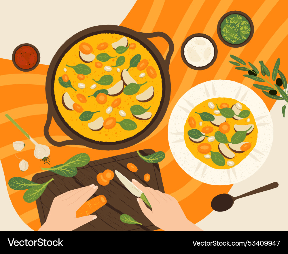 Cooking soup process cartoon pots with vegetable Vector Image