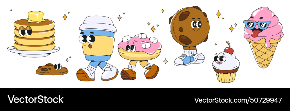 Groovy dessert characters set Royalty Free Vector Image
