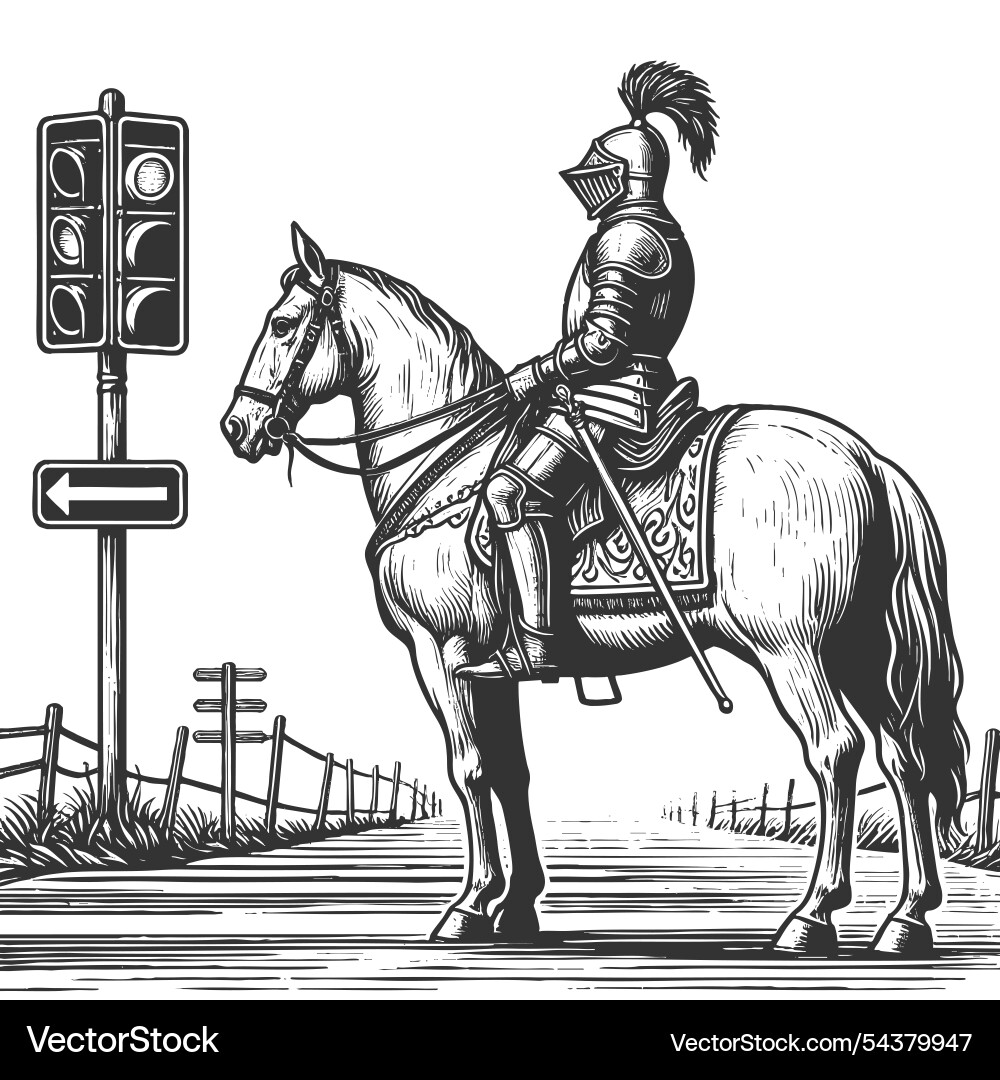 Knight on horseback waiting at traffic light Vector Image