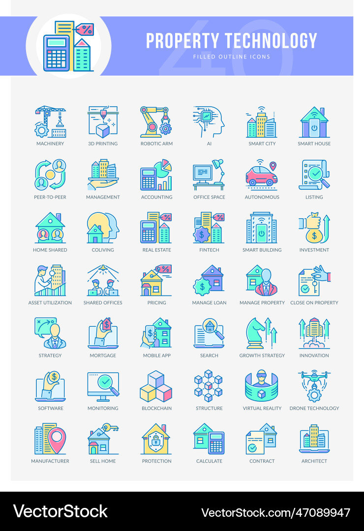 Property technology icons Royalty Free Vector Image