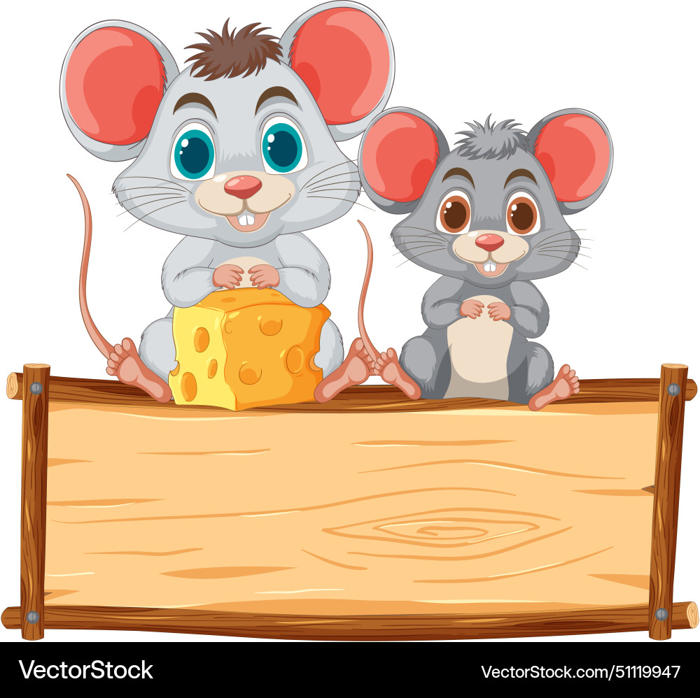 Two cute mice sharing cheese on a wooden sign Vector Image