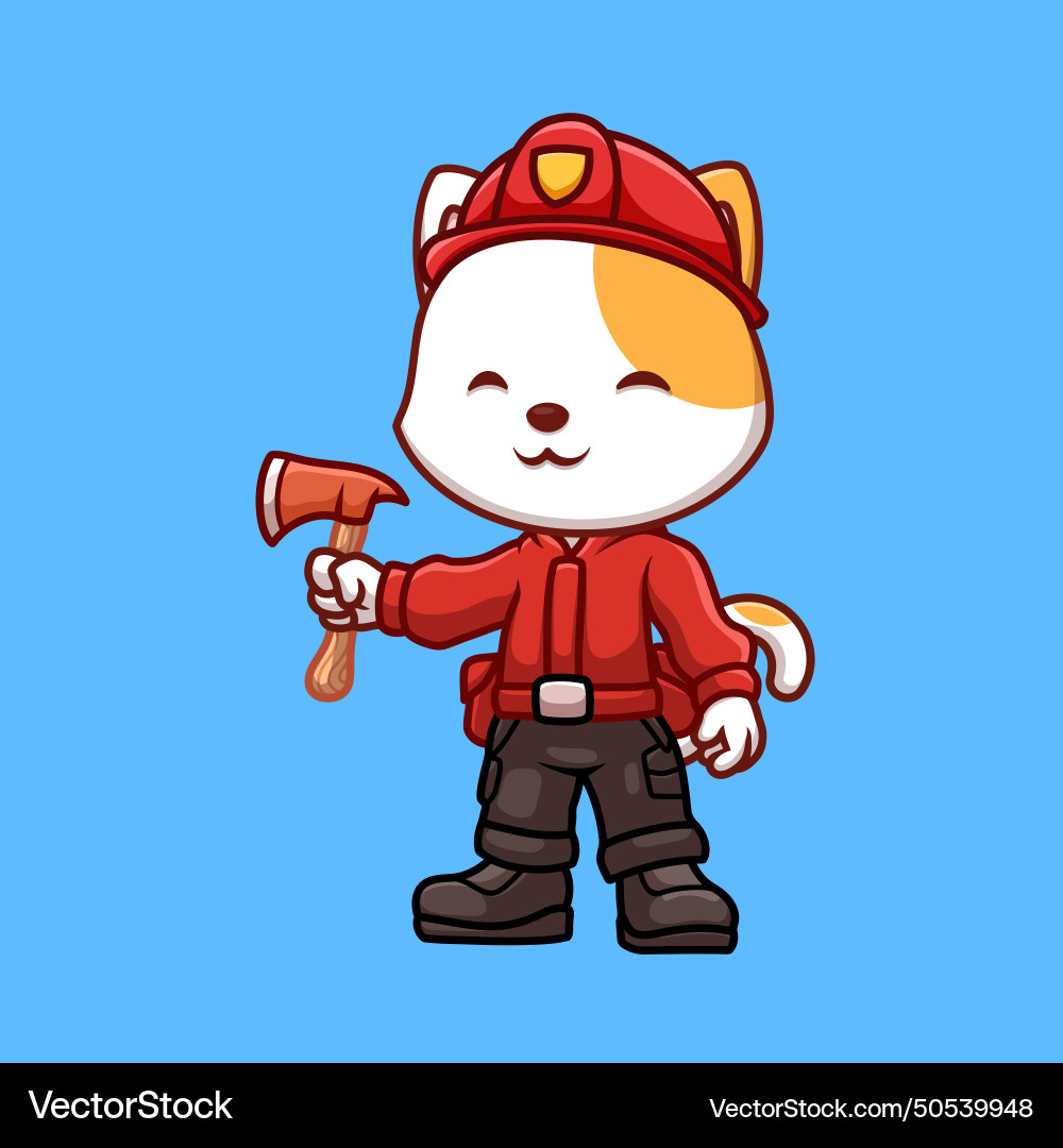 Firefighter white cat cute cartoon Royalty Free Vector Image