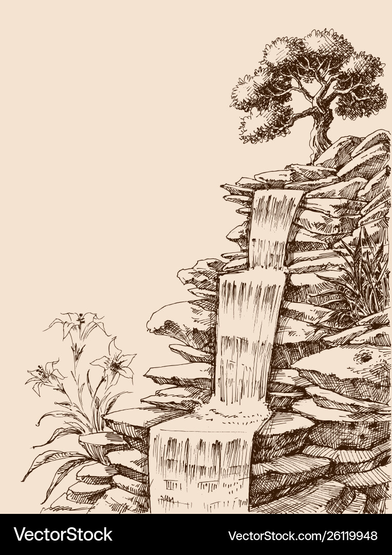 Hand Drawn Waterfall Landscape Royalty Free Vector Image