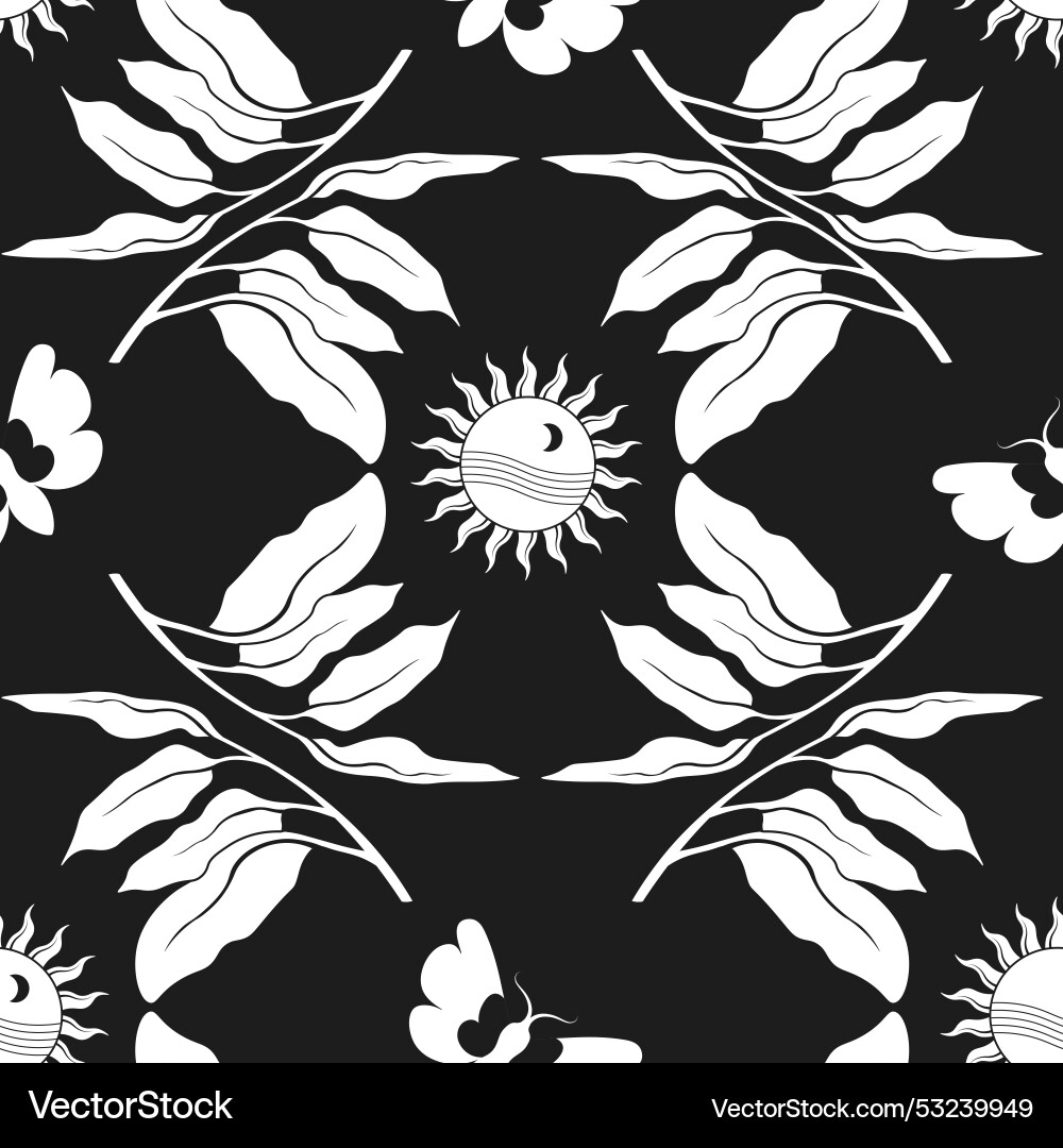 Botanical sun and butterfly pattern Royalty Free Vector