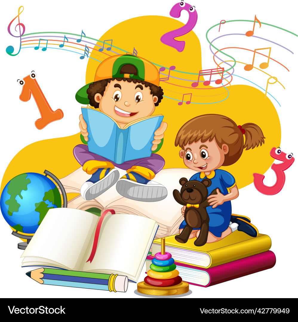 Boy and girl are reading books on a stack Vector Image