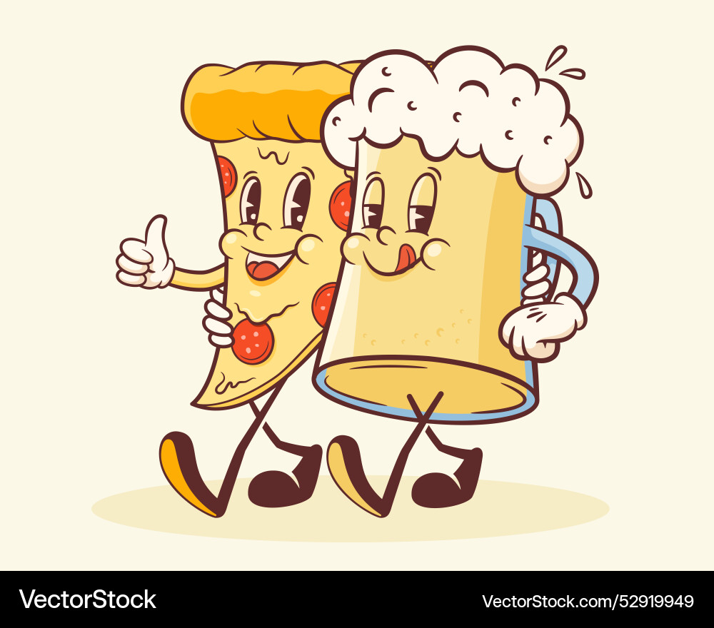 Groovy pizza and beer retro characters label Vector Image
