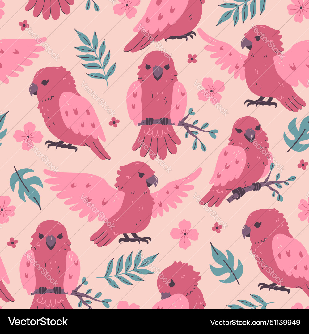 Seamless pattern of cute pink parrots Royalty Free Vector