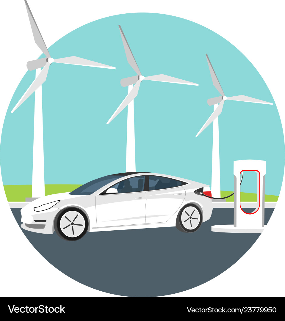 Electric car with charging and windmills Vector Image