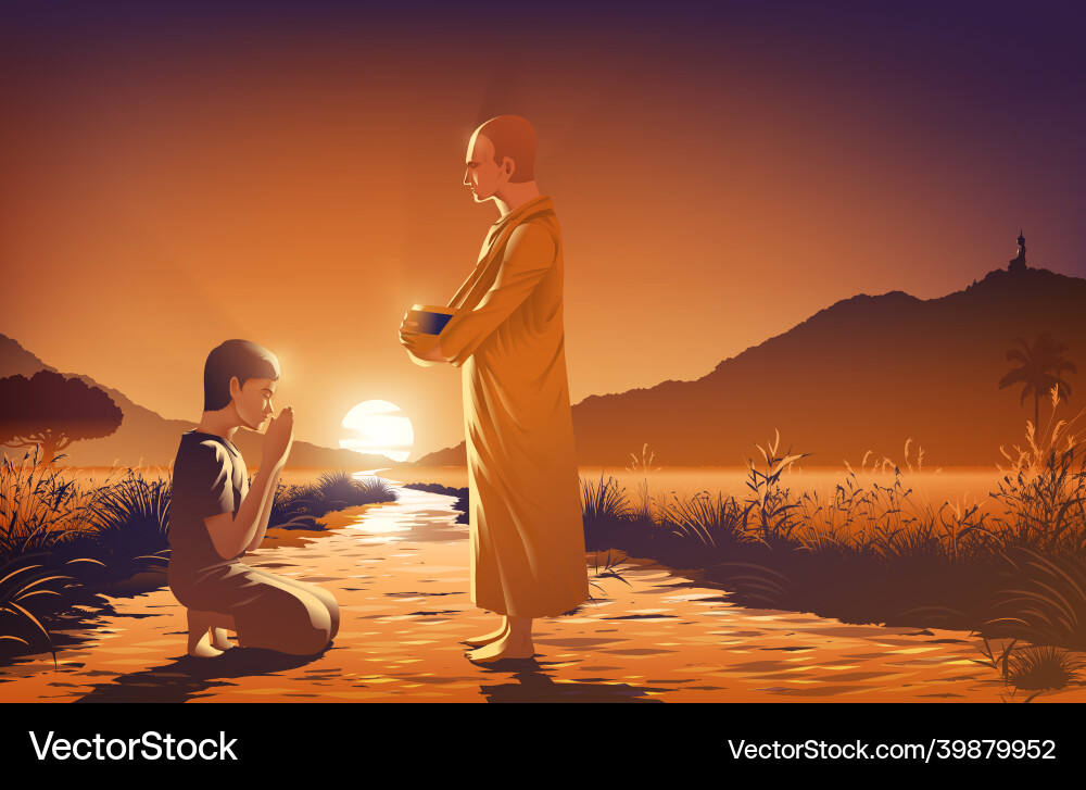 A man give alms to monk Royalty Free Vector Image