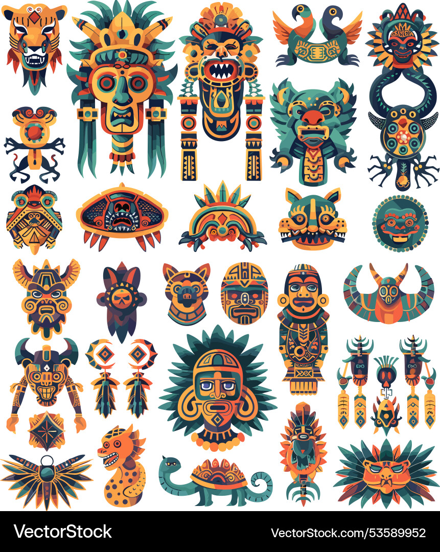 Mayan aztec totems cartoon set lion puma Vector Image