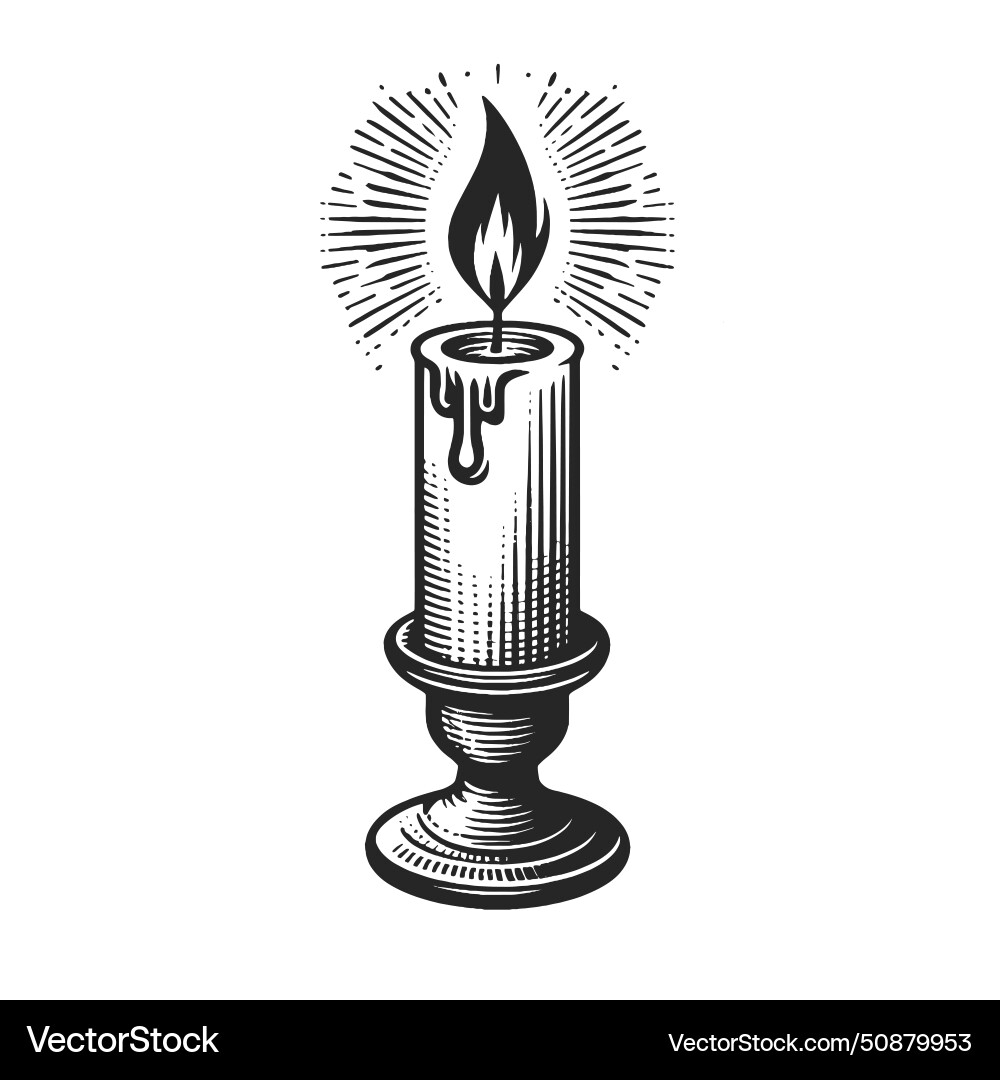 Lit candle in holder engraving Royalty Free Vector Image