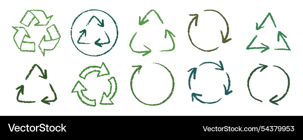Recycle arrow hand drawn pencil line icon set Vector Image