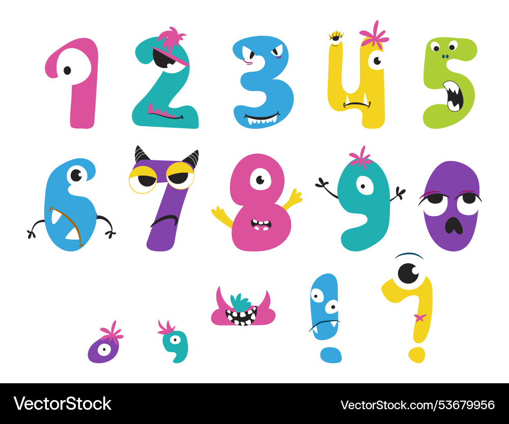 Colorful cartoon monsters representing numbers one
