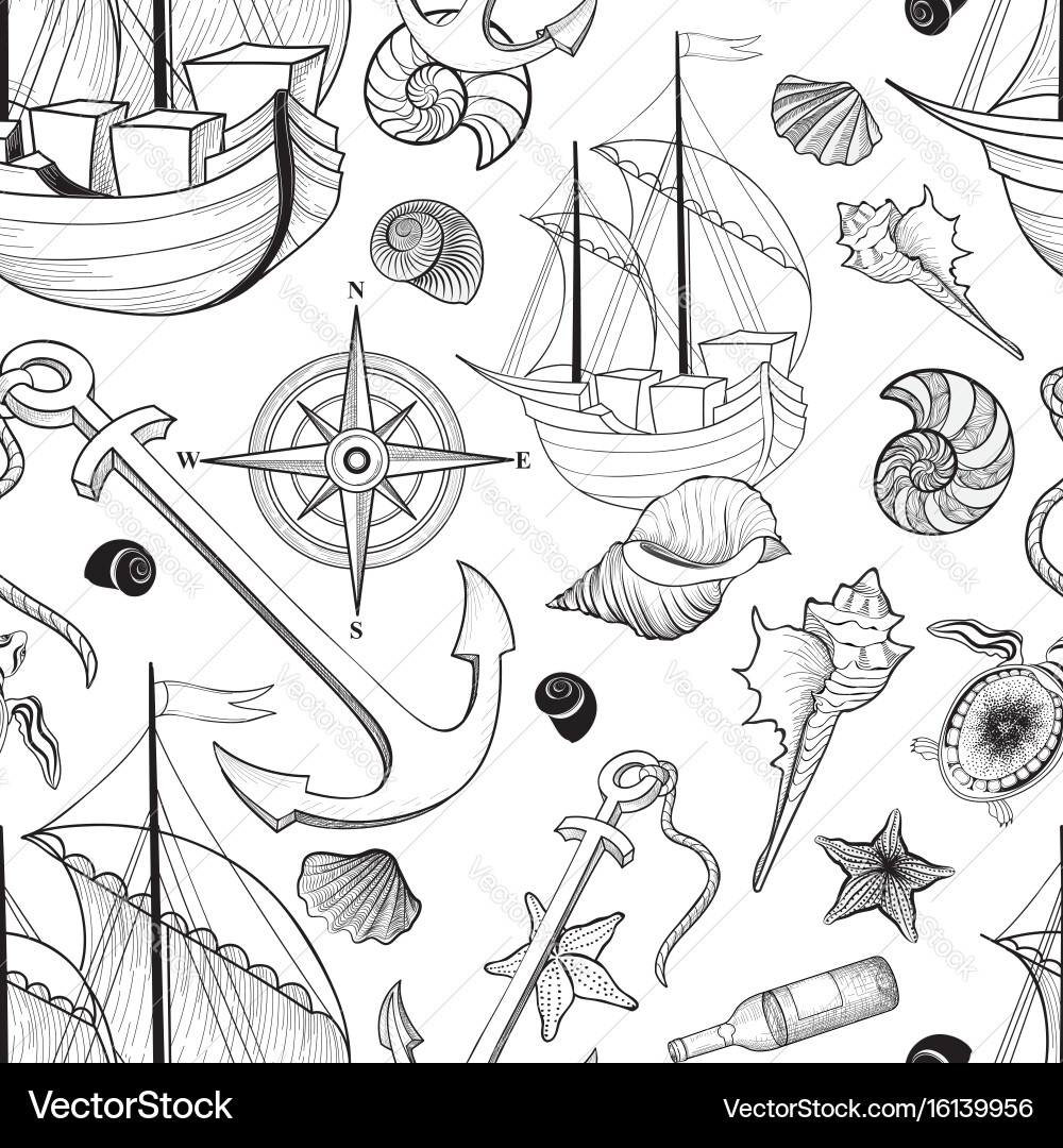 Marine life seamless pattern sailing ship Vector Image