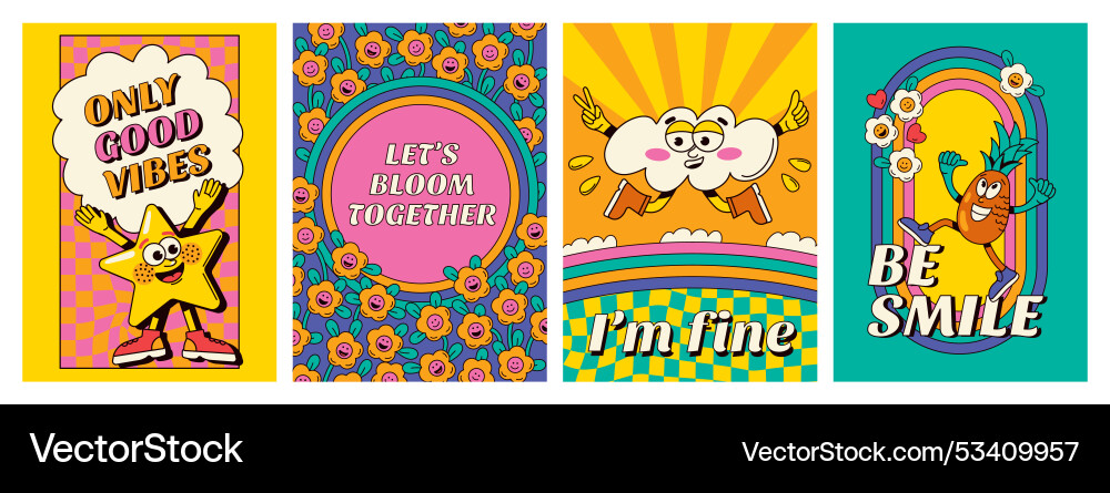 Groovy cartoon posters psychedelic retro 70s 80s Vector Image