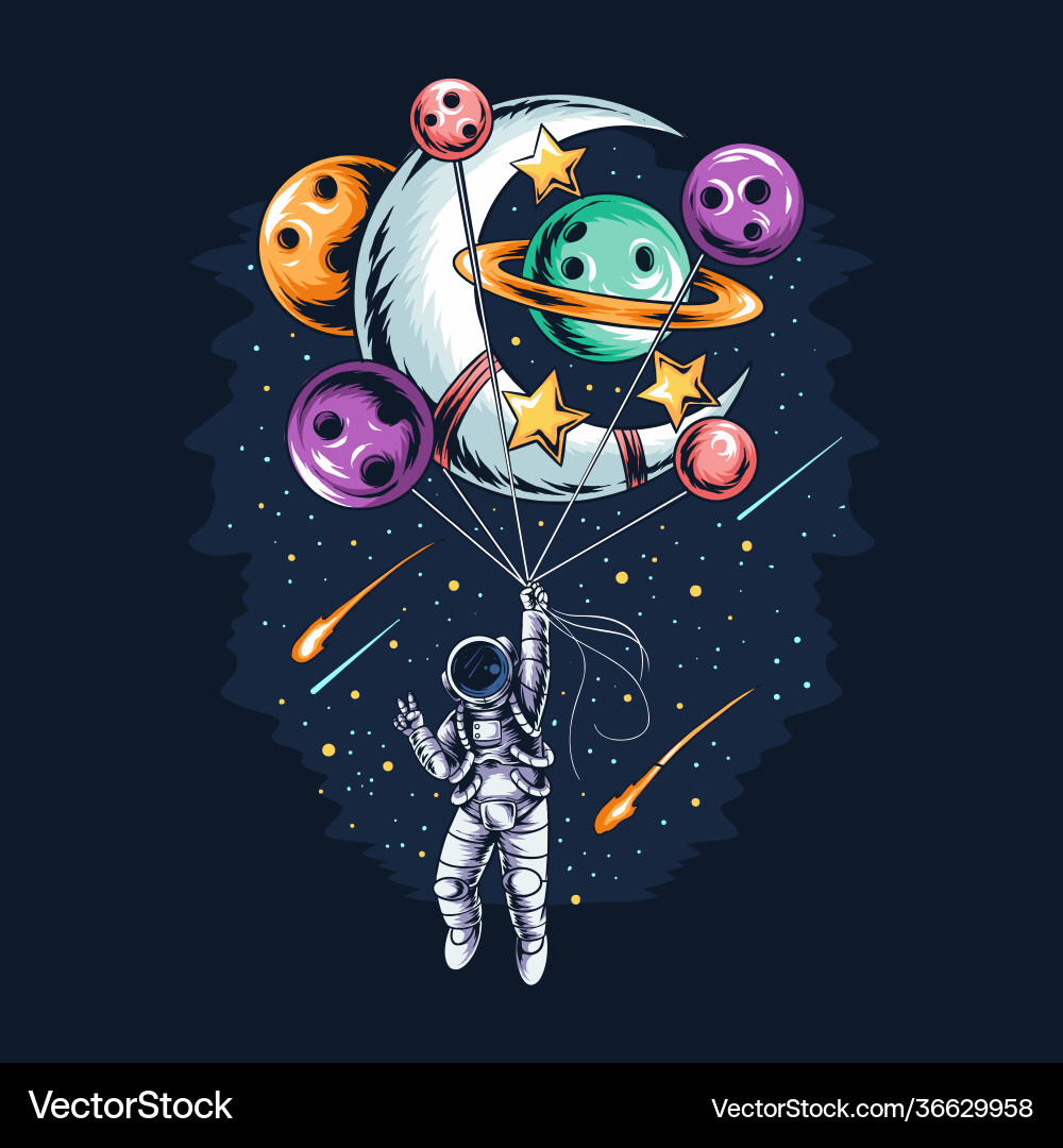 Astronaut with Planets and Moon Balloons Vector Image