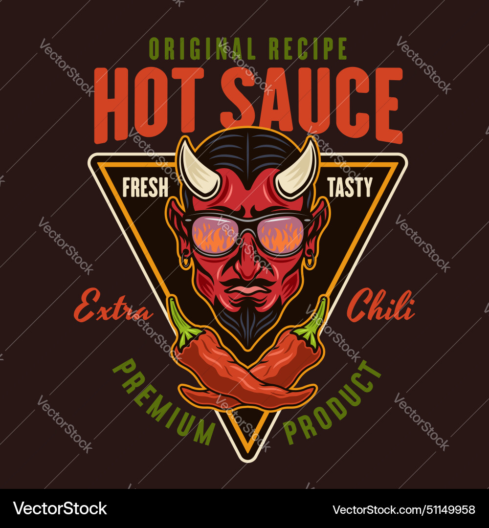 Hot sauce emblem label badge with devil Royalty Free Vector