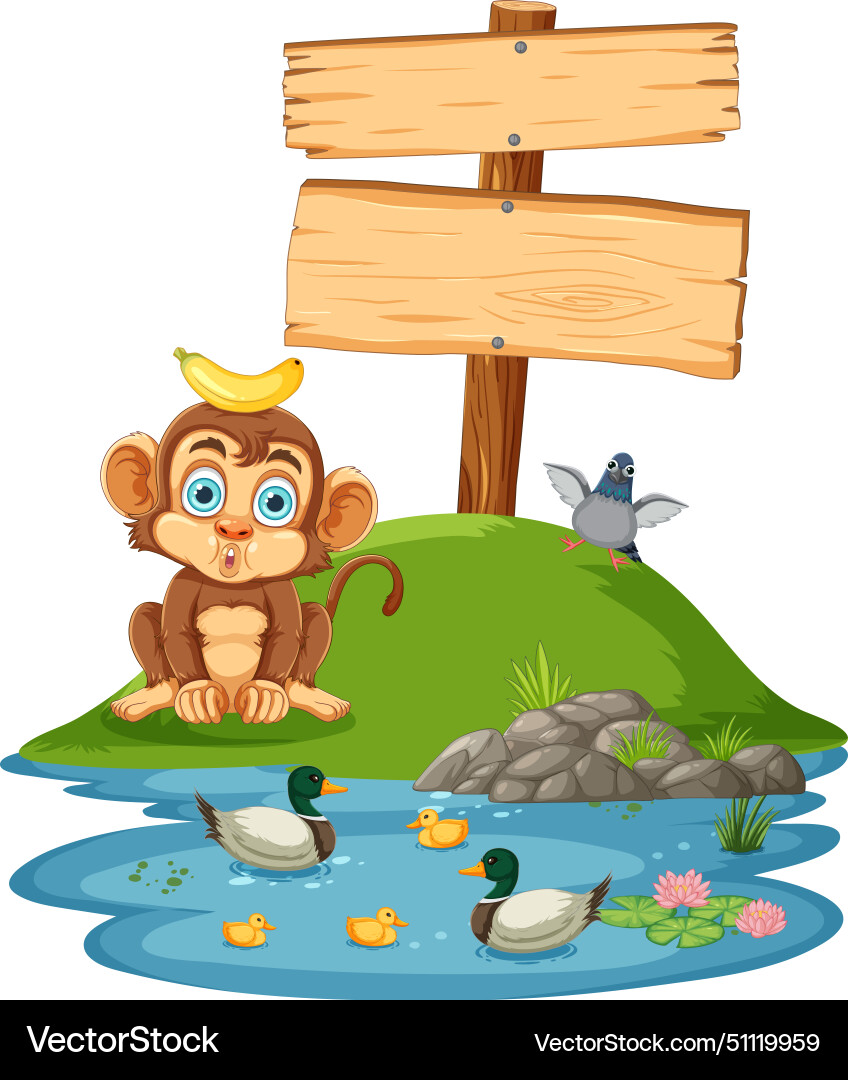 Cute monkey sitting by a pond with ducks and bird Vector Image