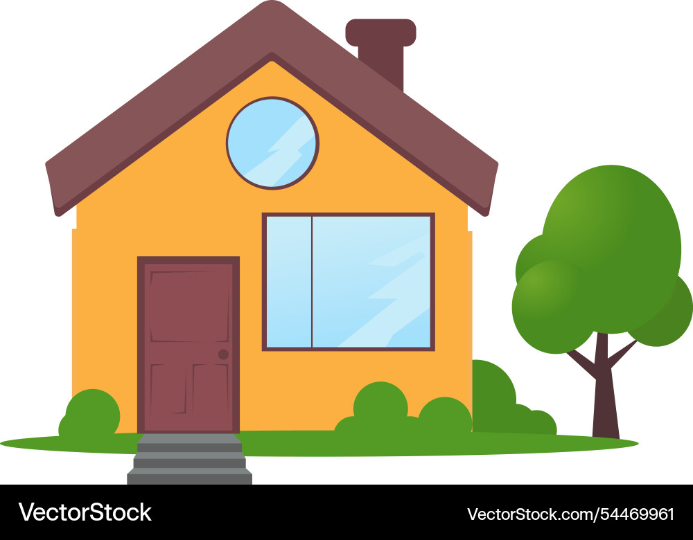 Small yellow house with trees and bushes Vector Image