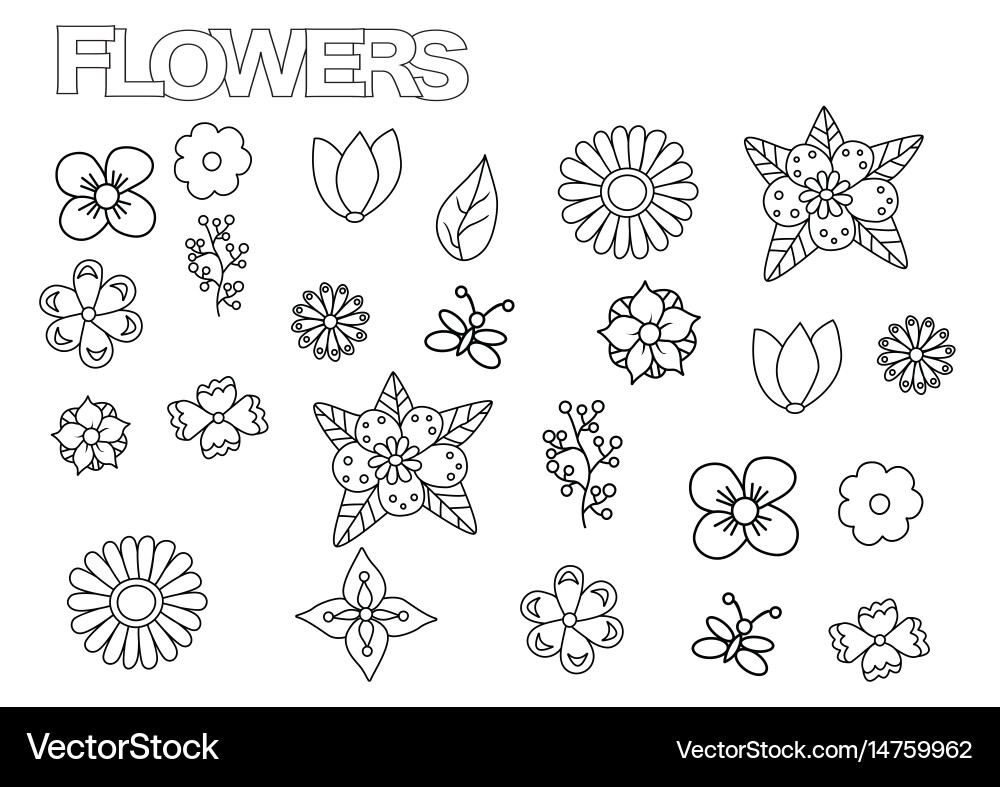 Hand drawn flowers set coloring book page Vector Image