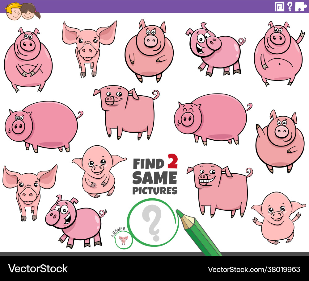 Find two same cartoon pigs farm animals Royalty Free Vector