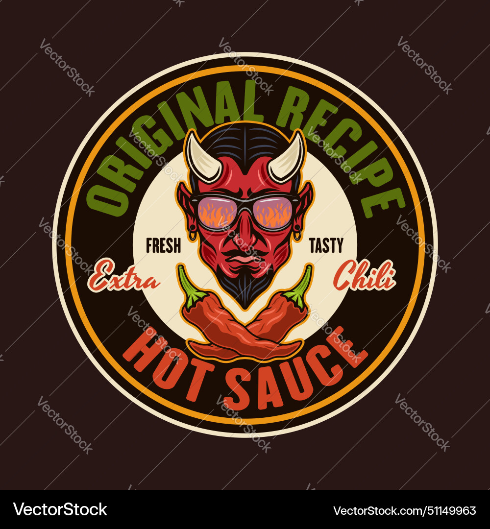 Hot sauce emblem label badge with devil Royalty Free Vector