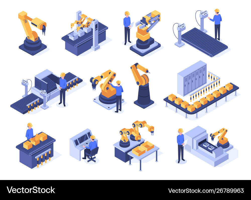 Isometric industrial robots assembly line Vector Image