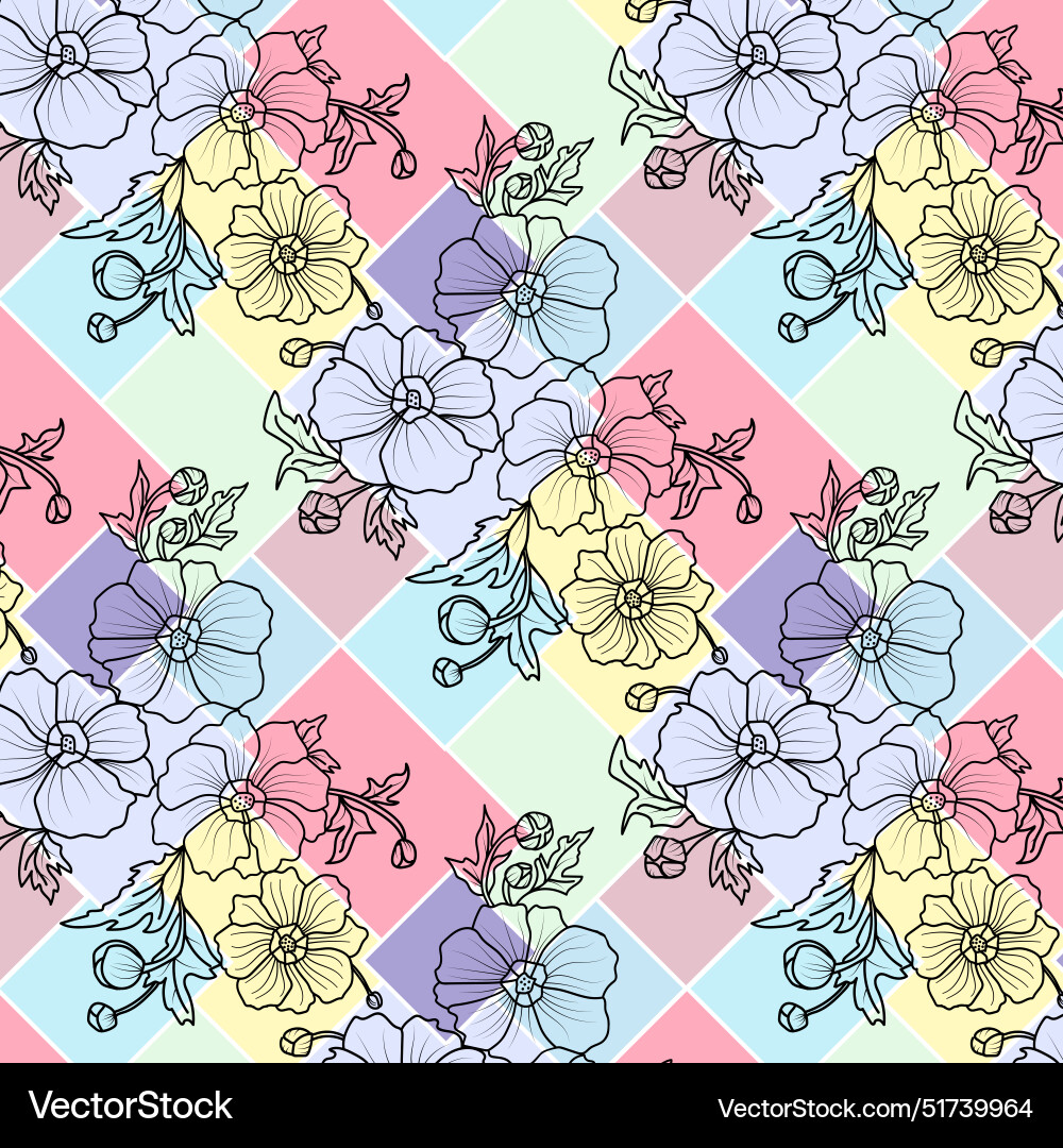 Contour flowers on multi-colored squares Vector Image