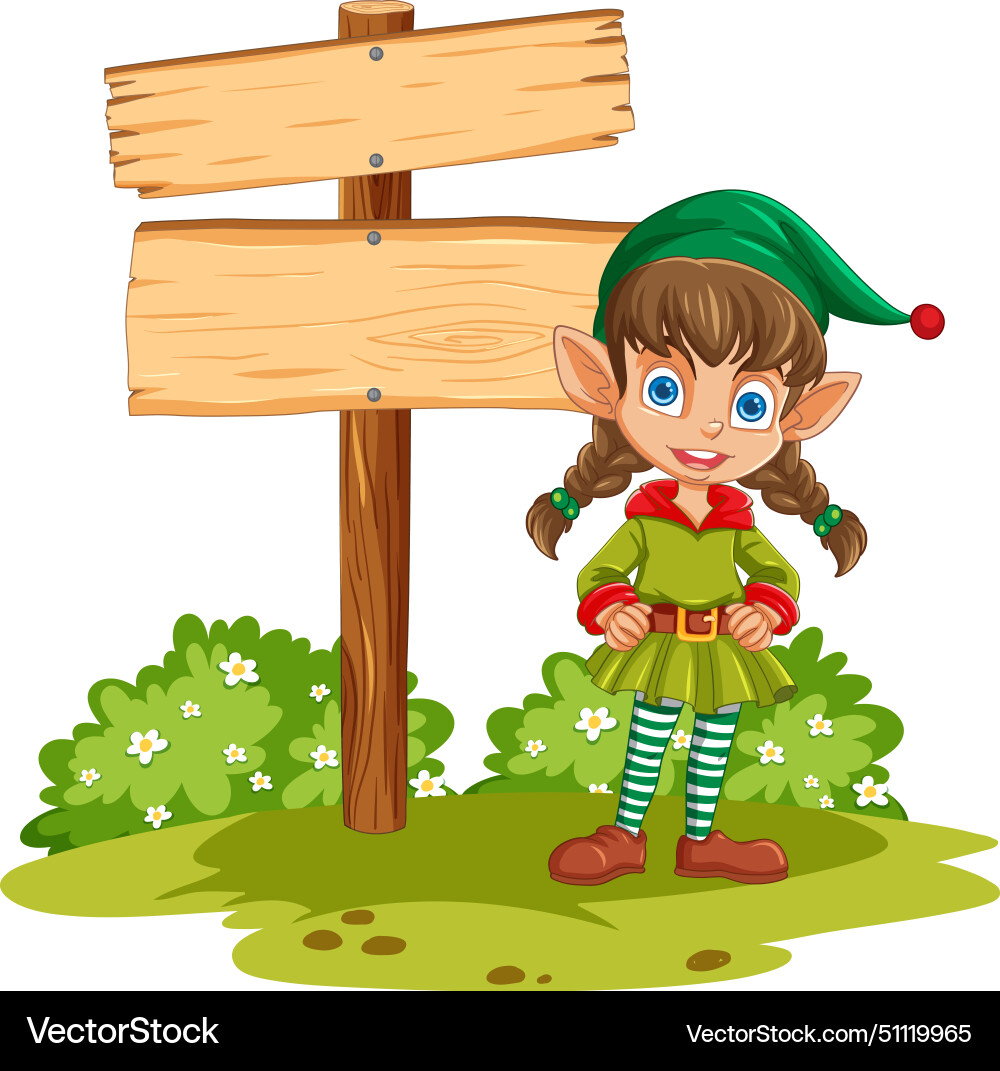 A happy elf near sign Royalty Free Vector Image