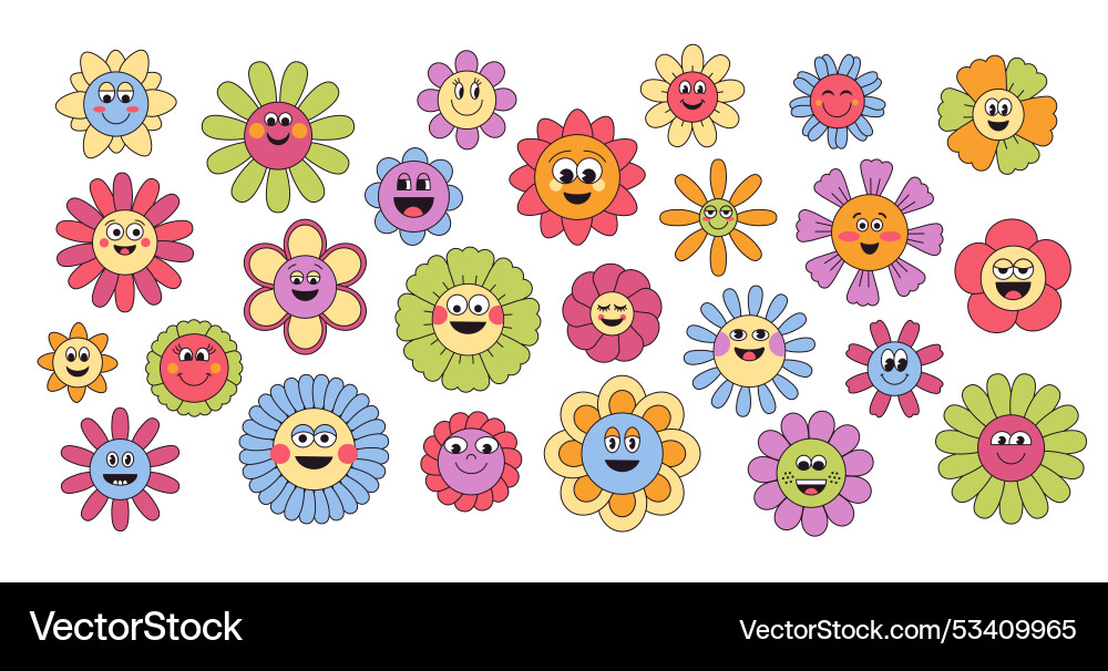 Groovy flower cartoon characters cute retro 60s Vector Image
