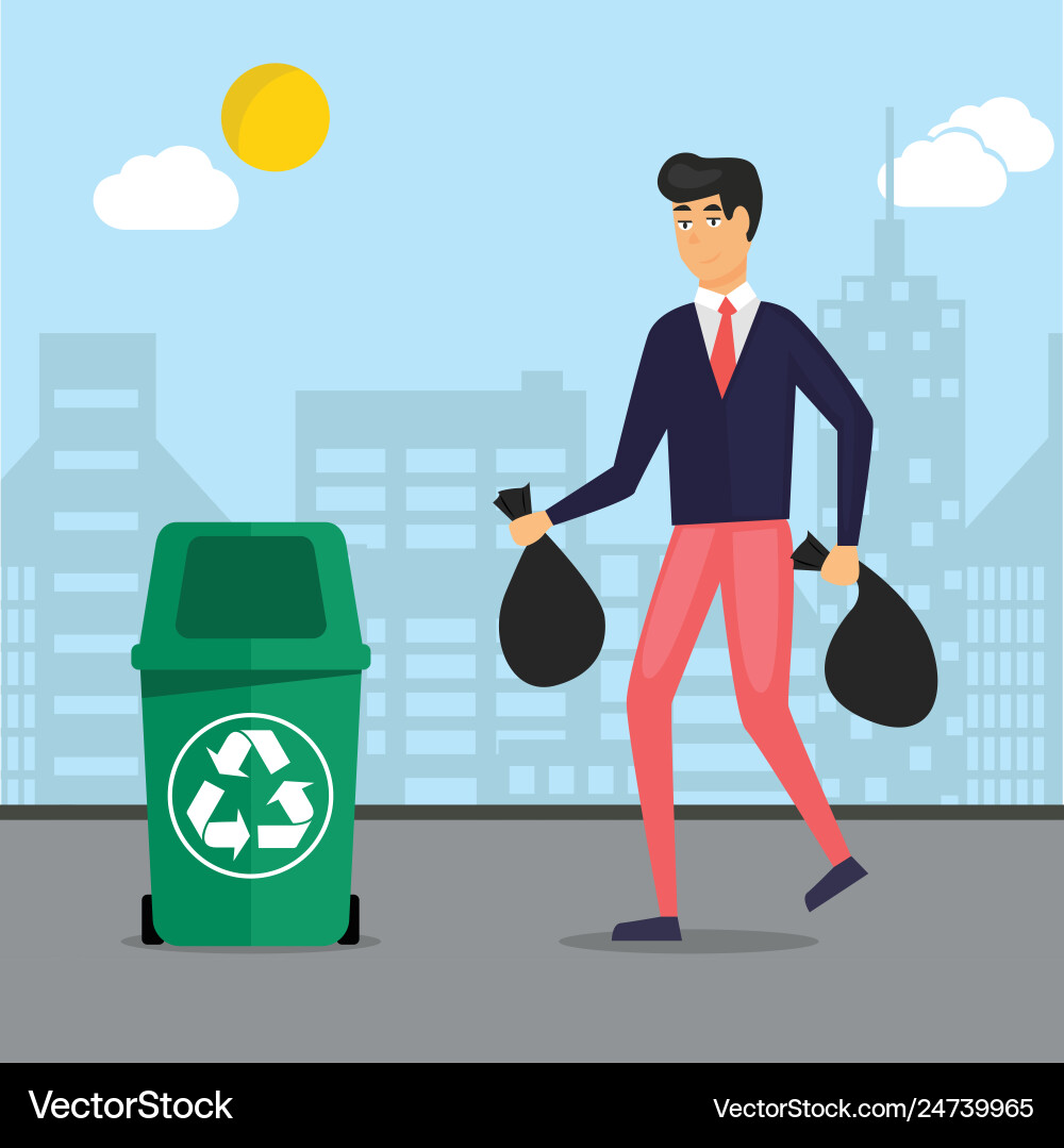 Man taking garbage trash out in recycle bins Vector Image