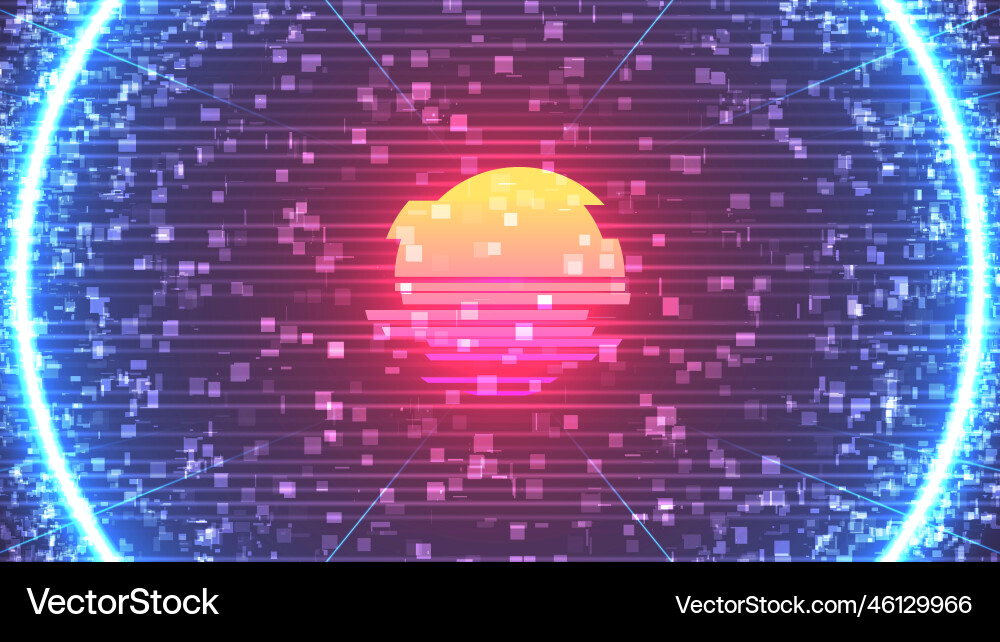 Cyberpunk glitch background distorted sun blue Vector Image
