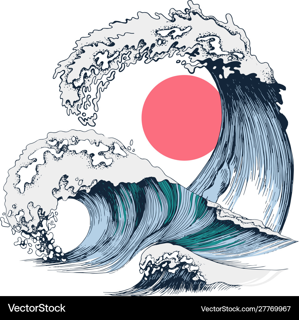 Hand drawn background with sun and sea waves Vector Image