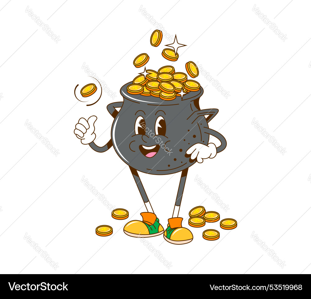 Cartoon retro groovy pot character with coins Vector Image