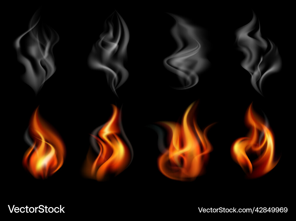 Realistic fire smoke colored icon set Royalty Free Vector