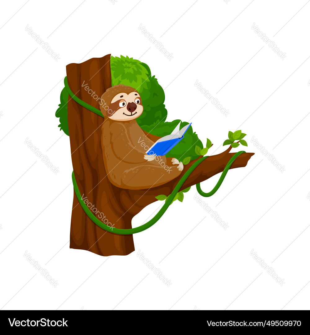Cartoon funny sloth character reading on tree Vector Image