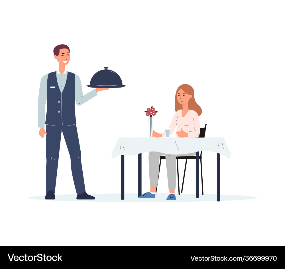 Waiter serves a dish to client in restaurant Vector Image