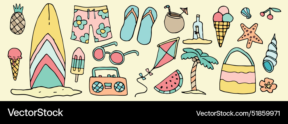 Beach cartoon doodle set cute sea surf Royalty Free Vector