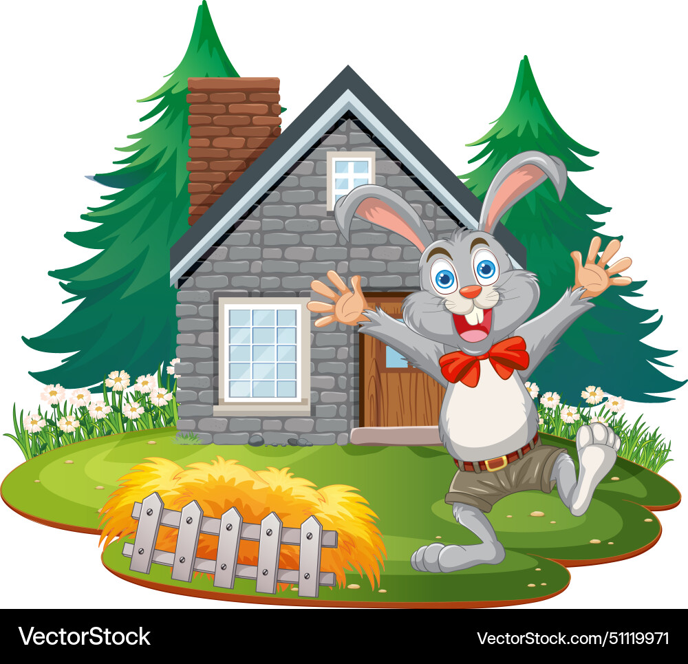 Happy cartoon rabbit standing by a stone house Vector Image