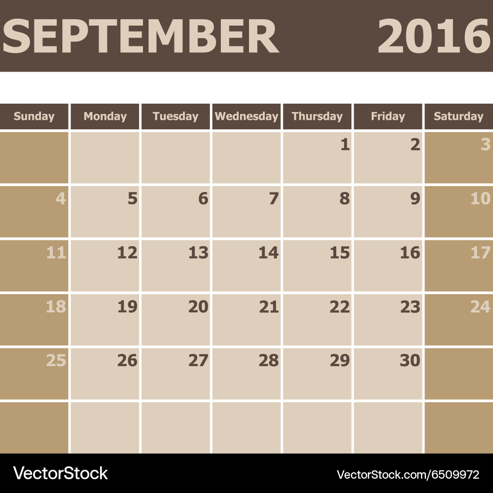 Calendar september 2016 week starts from sunday Vector Image