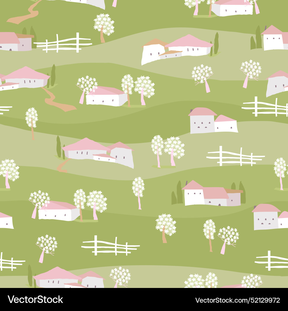 Seamless pattern with cute spring rustic landscape