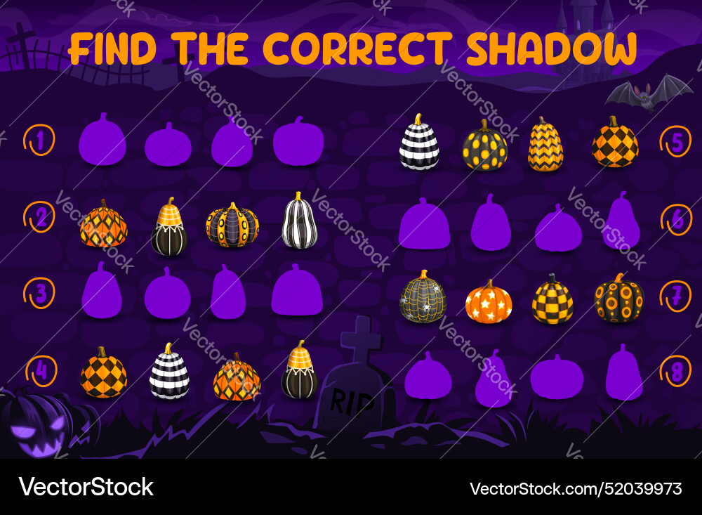 Find a correct shadow of halloween pumpkins game Vector Image