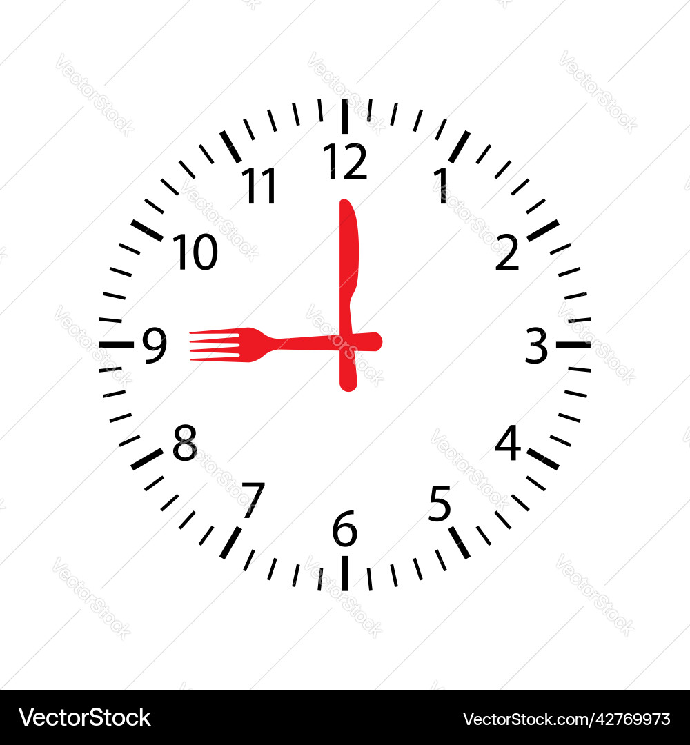 Time breakfast clock with red fork and knife food Vector Image