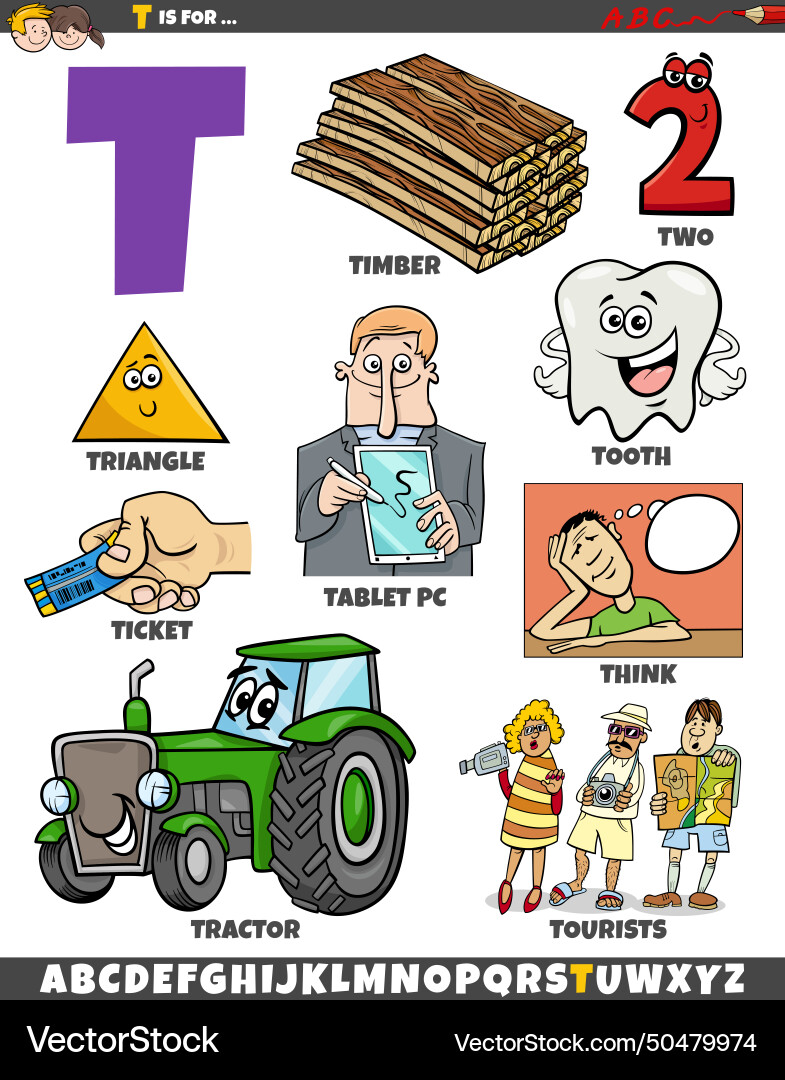 Letter t set with cartoon objects and characters Vector Image