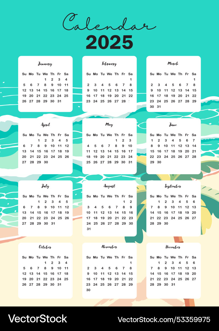 2025 table yearly calendar week start on sunday Vector Image