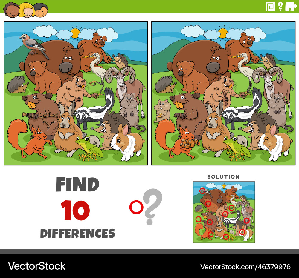 Differences game with cartoon animal characters Vector Image