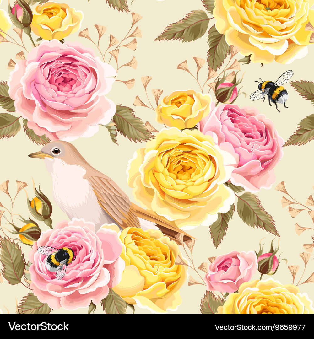 English roses and birds seamless Royalty Free Vector Image