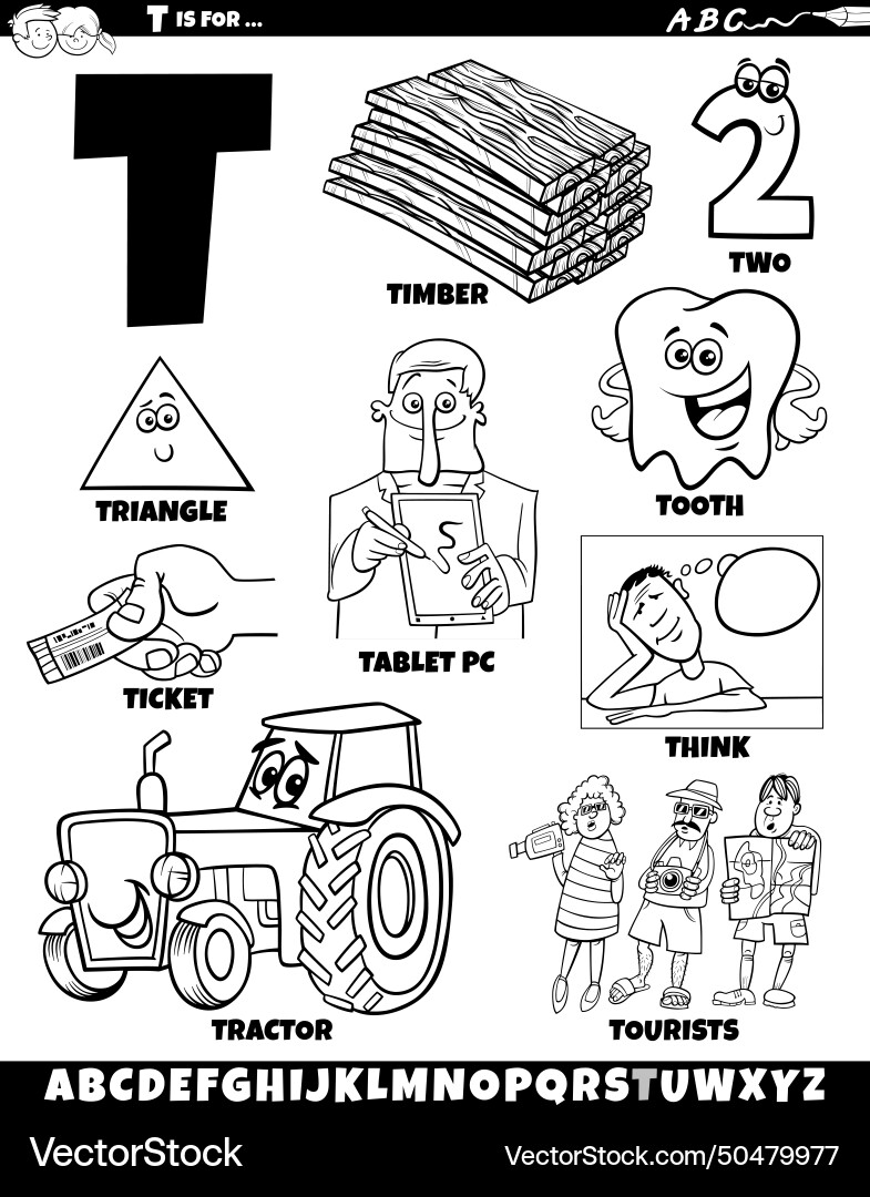 Letter t set with cartoon objects and characters Vector Image