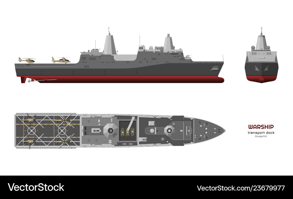 Military ship top front and side view Royalty Free Vector